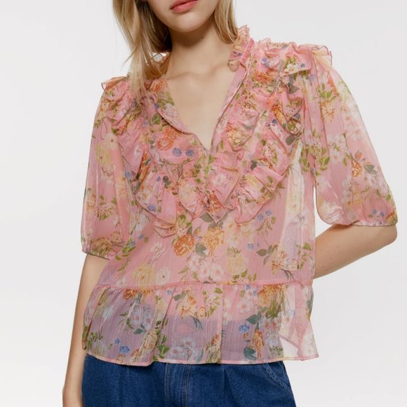 Zara | Tops | Zara Printed Ruffled Blouse 83025 | Poshmark